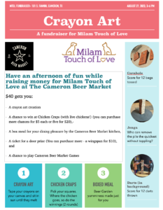 CANCELLED. Crayon Art Fundraiser, August 27 – Milam Touch of Love